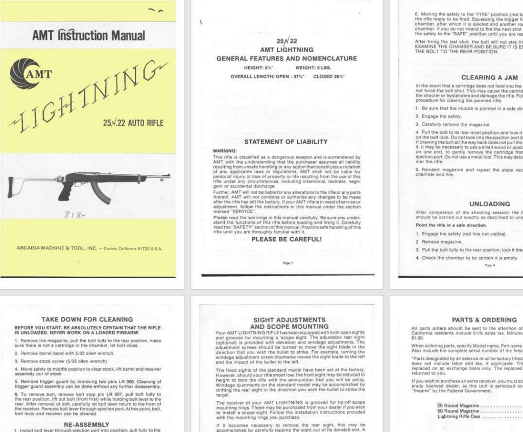AMT Lightning .25 & .22 Auto Rifle Manual - Cornell Publications